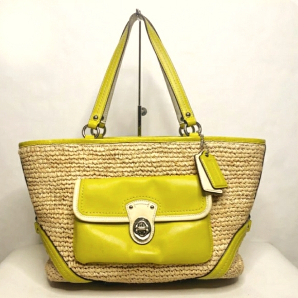Coach | Bags | Coach Straw And Lime Green Tote Bag | Poshmark